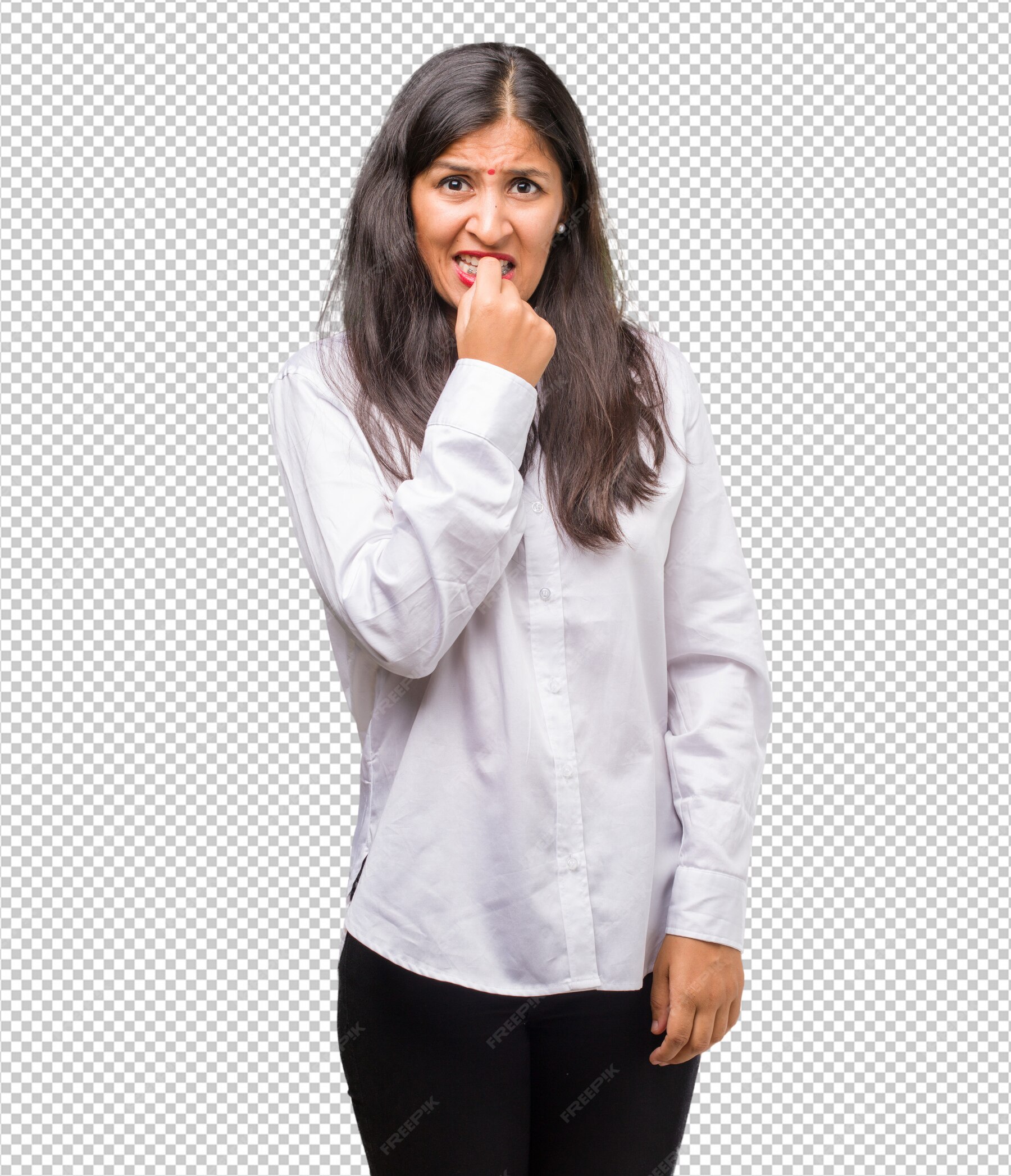 Premium Psd Portrait Of A Young Indian Woman Biting Nails Nervous And Very Anxious And Scared