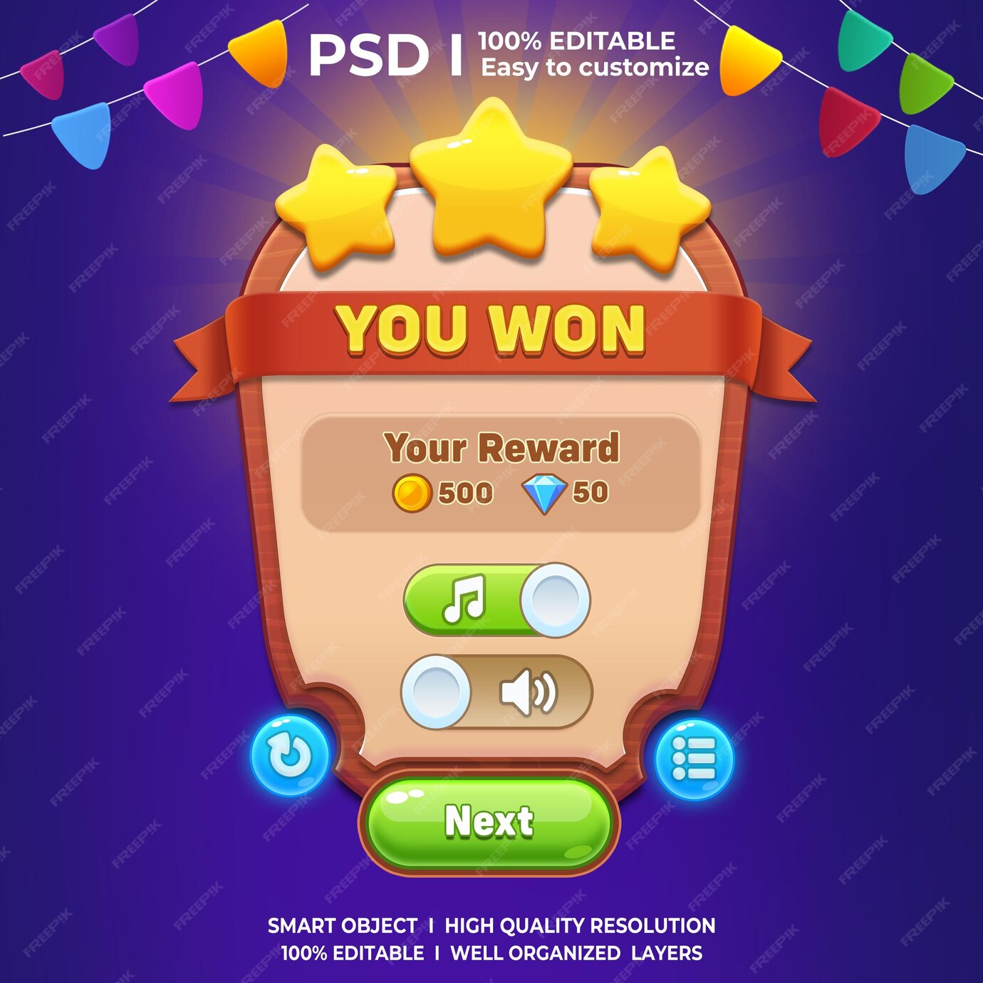 Premium PSD | PSD level complete game ui popup 2d interface game ui gaming ui 2d you won popup ...