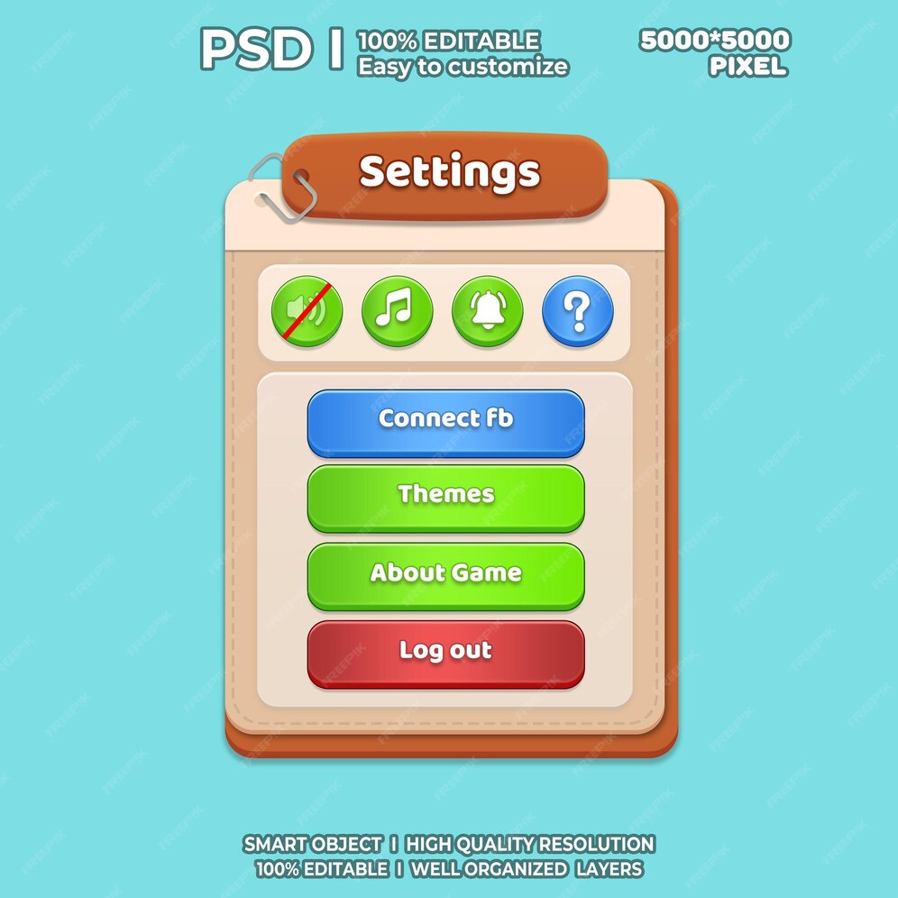 Premium PSD | Setting Screen UI 2D game Ui User Interface Casual game UI UI Kit UI Art Cartoon ...