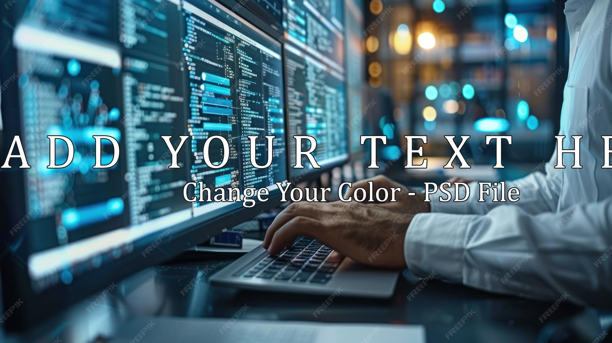 Software Engineer Coding On Computer In Dark Office With Multiple Monitors Displaying Code