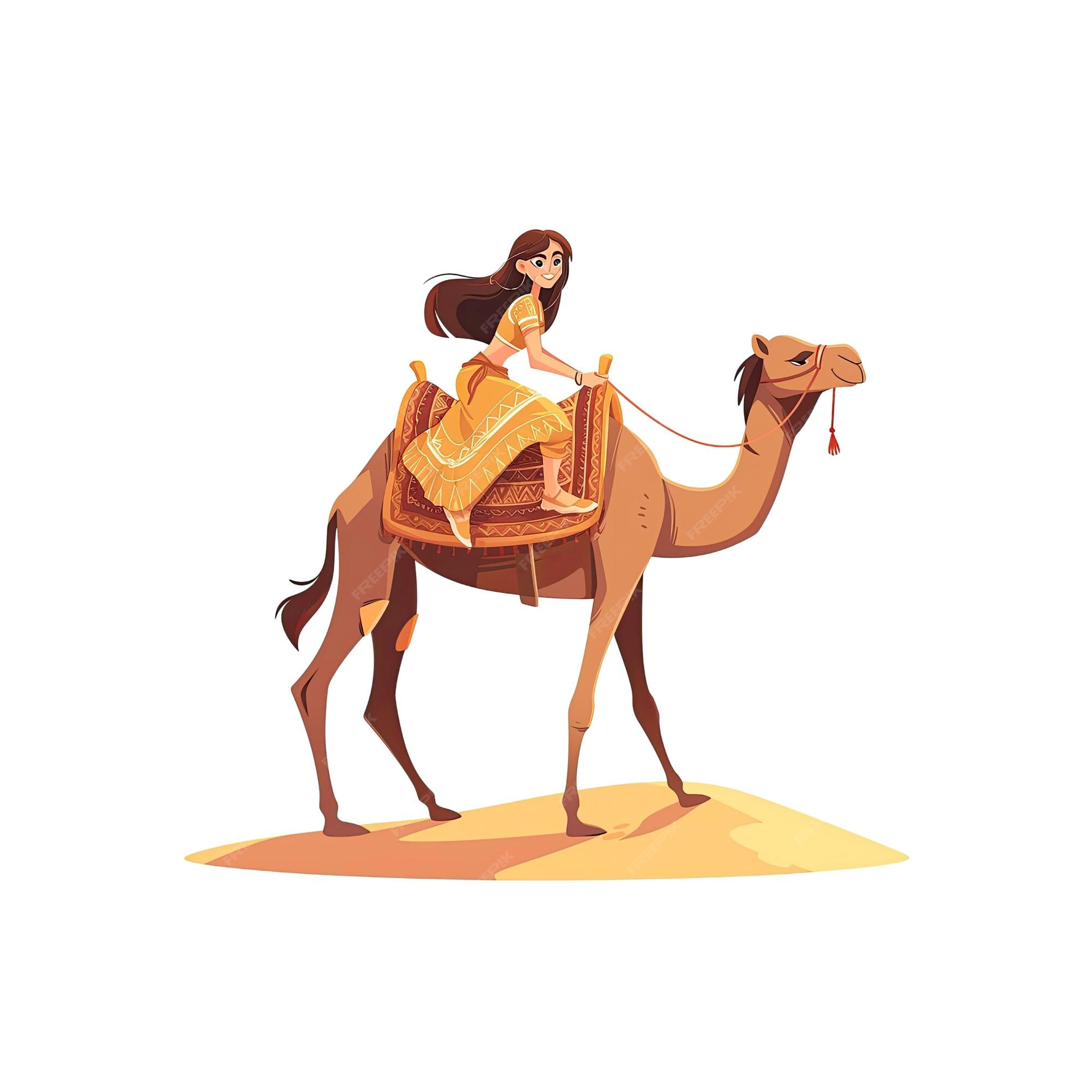 Premium Psd Spirited Arab Girl Riding A Camel Across Cartoon Illustration