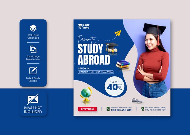 Premium PSD | Study abroad social media post or education square flyer ... Premium PSD | Study abroad social media post or education square flyer ...