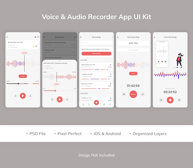 Premium PSD | Voice amp audio recorder app ui kit Premium PSD | Voice amp audio recorder app ui kit