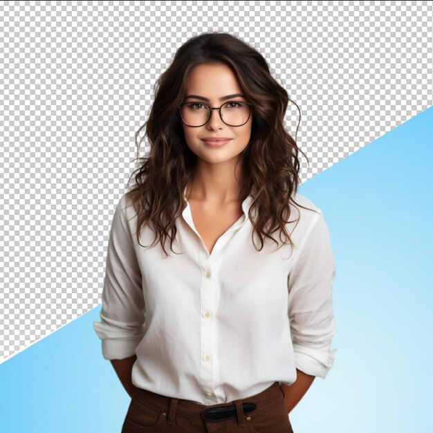 A Woman Wearing Glasses And A White Shirt Stands In Front Of A Blue