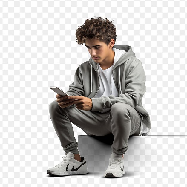 Premium PSD | A young man sits on a step and looks at a tablet Premium PSD | A young man sits on a step and looks at a tablet