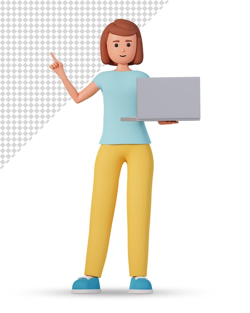 Premium PSD | Young woman holding laptop and pointing aside Premium PSD | Young woman holding laptop and pointing aside