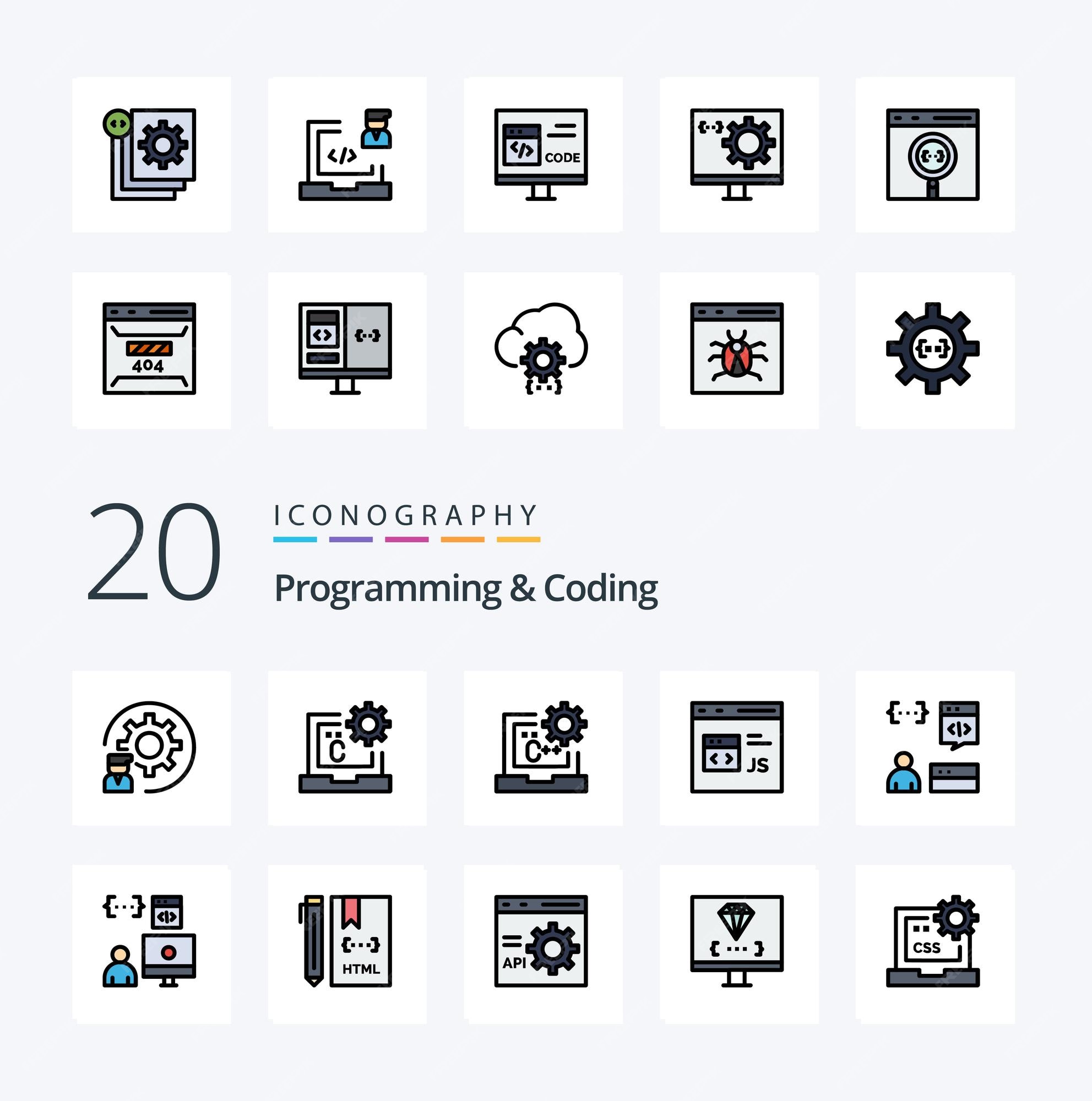 Premium Vector 20 Programming And Coding Line Filled Color Icon Pack Like Develop App Develop
