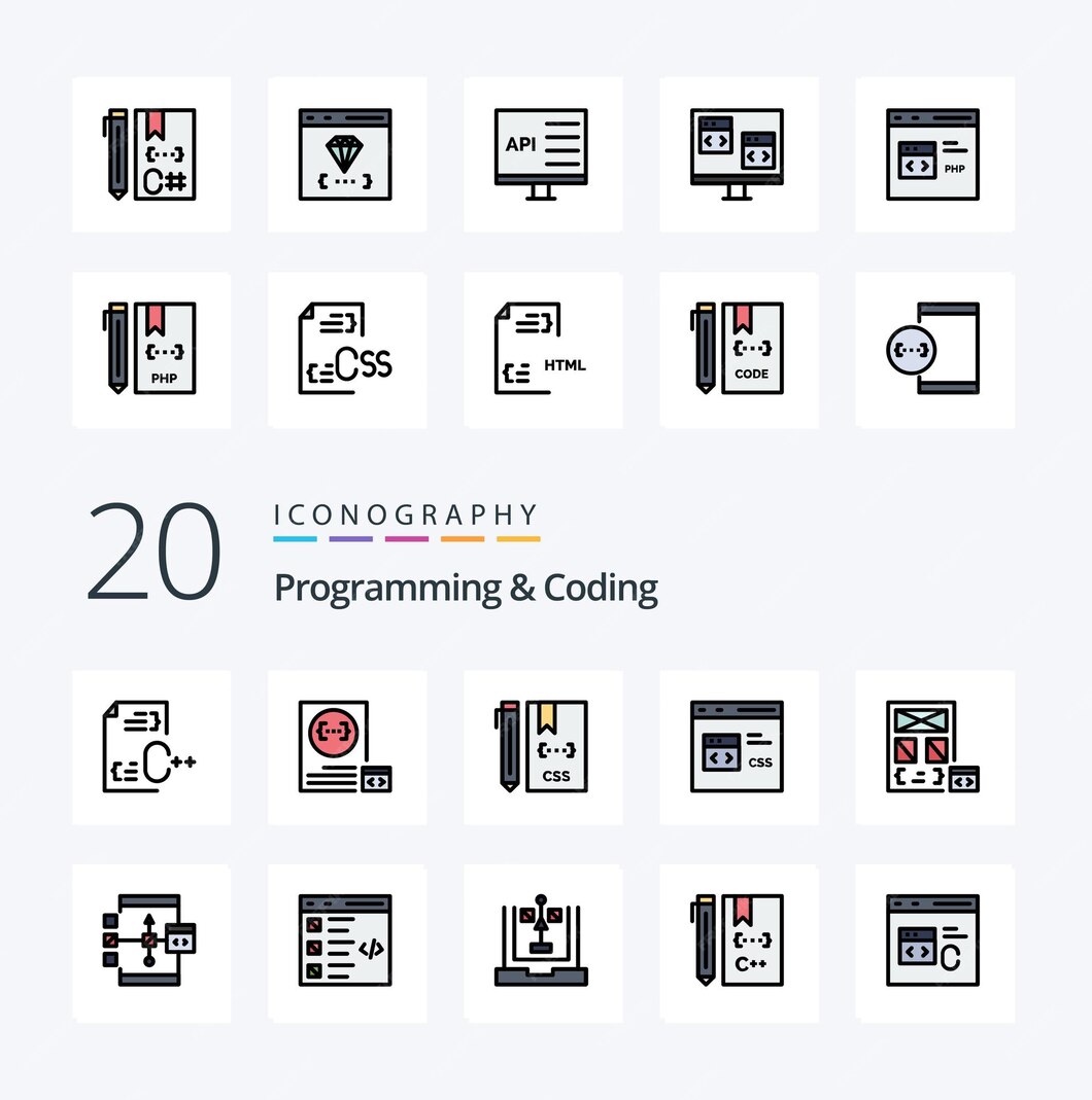 Premium Vector | 20 programming and coding line filled color icon pack ...