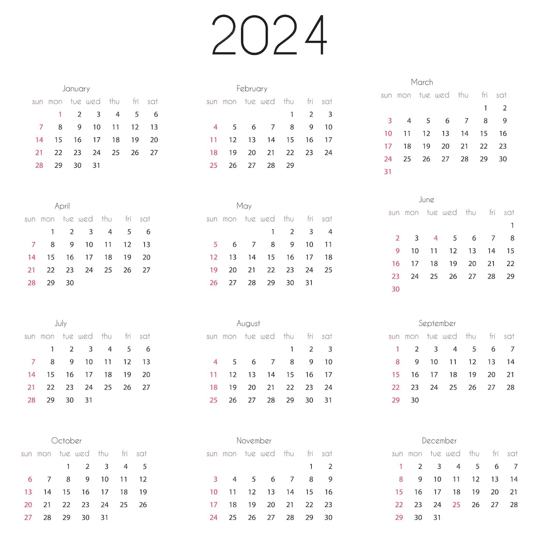 2024 カレンダー年テンプレート年次カレンダー 2024 のベクトル イラスト 12 ヶ月グリッド週は日曜日に始まります | プレミアムベクター 2024 カレンダー年テンプレート年次カレンダー 2024 のベクトル イラスト 12 ヶ月グリッド週は日曜日に始まります | プレミアムベクター