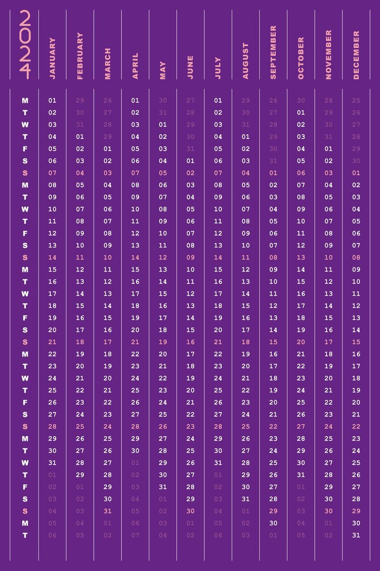 Premium Vector | 2024 vertical calendar purple color Premium Vector | 2024 vertical calendar purple color