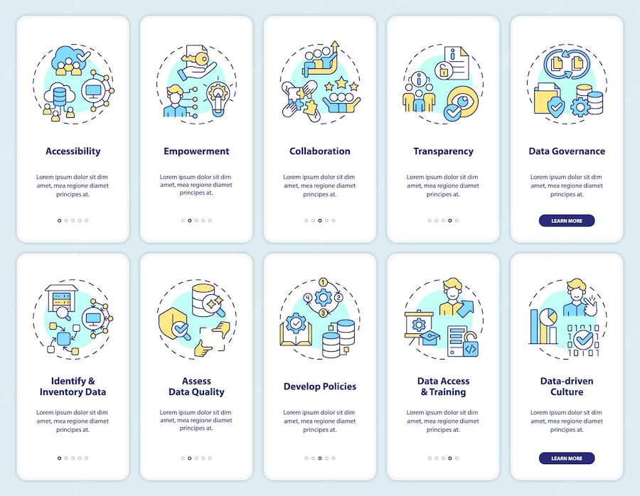 Premium Vector 2d Icons Representing Data Democratization Mobile App Screen Set Walkthrough 5