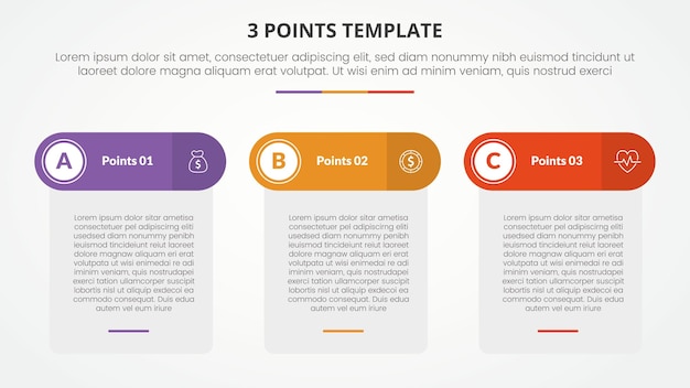 3 포인트 스테이지 템플릿 인포그래픽: 슬라이드 프레젠테이션을 위한 개념, 테이블 상자 및 둥근 헤더, 3 포인트 목록, 평평한 ...