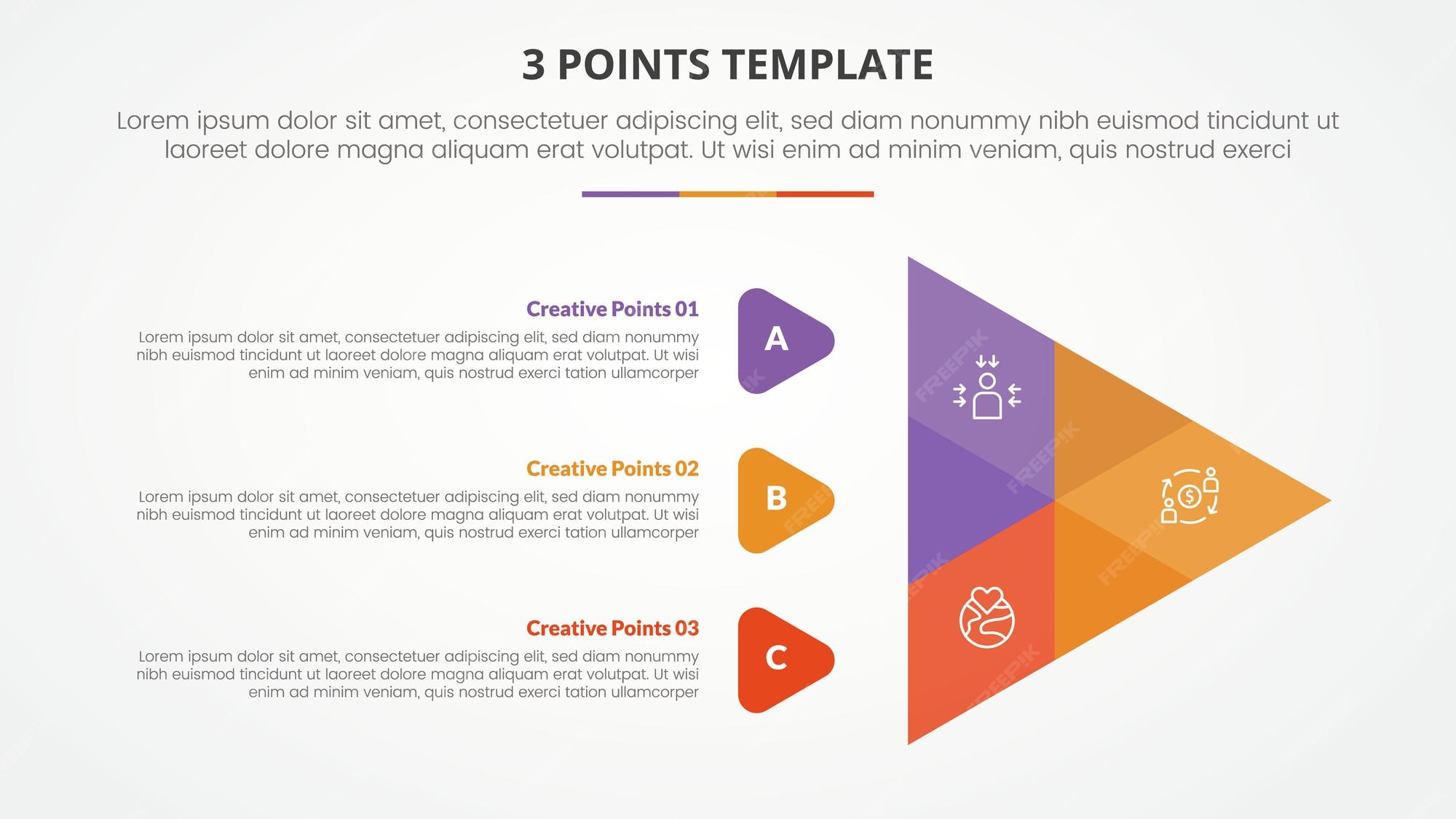 3 포인트 스테이지 템플릿 인포그래픽 개념 슬라이드 프레젠테이션을 위한 벤 딩 날카로운 화살 삼각형과 3 포인트 목록 평평한 스타일 프리미엄 벡터