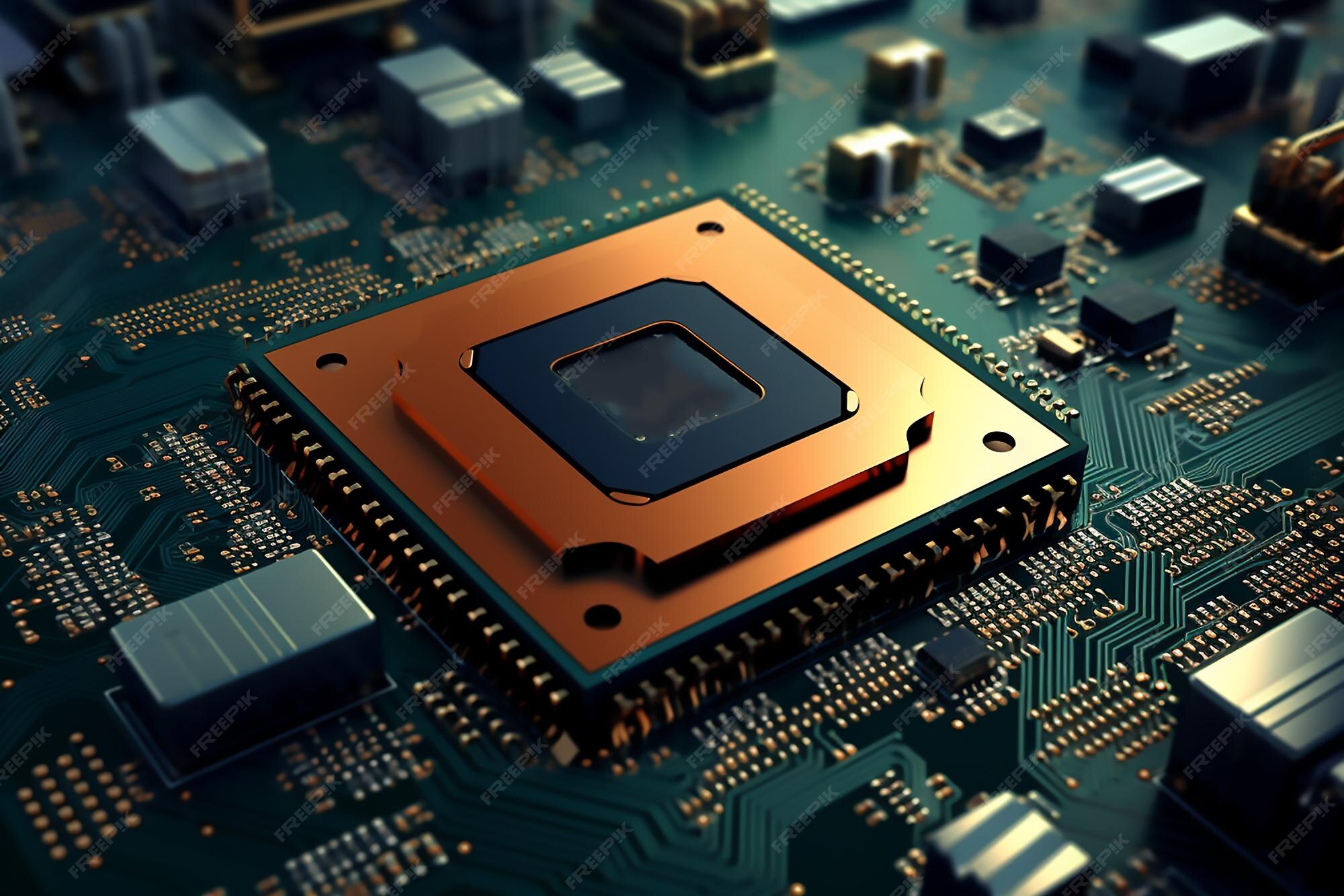 Premium Vector | 3d rendering printed circuit board with a processor microchips and binary code