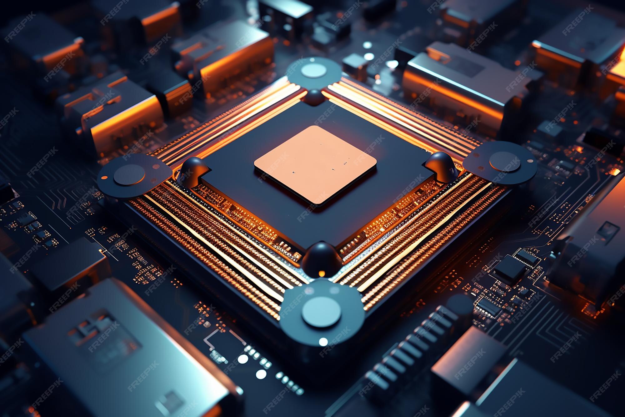 Premium Vector | 3d rendering printed circuit board with a processor microchips and binary code