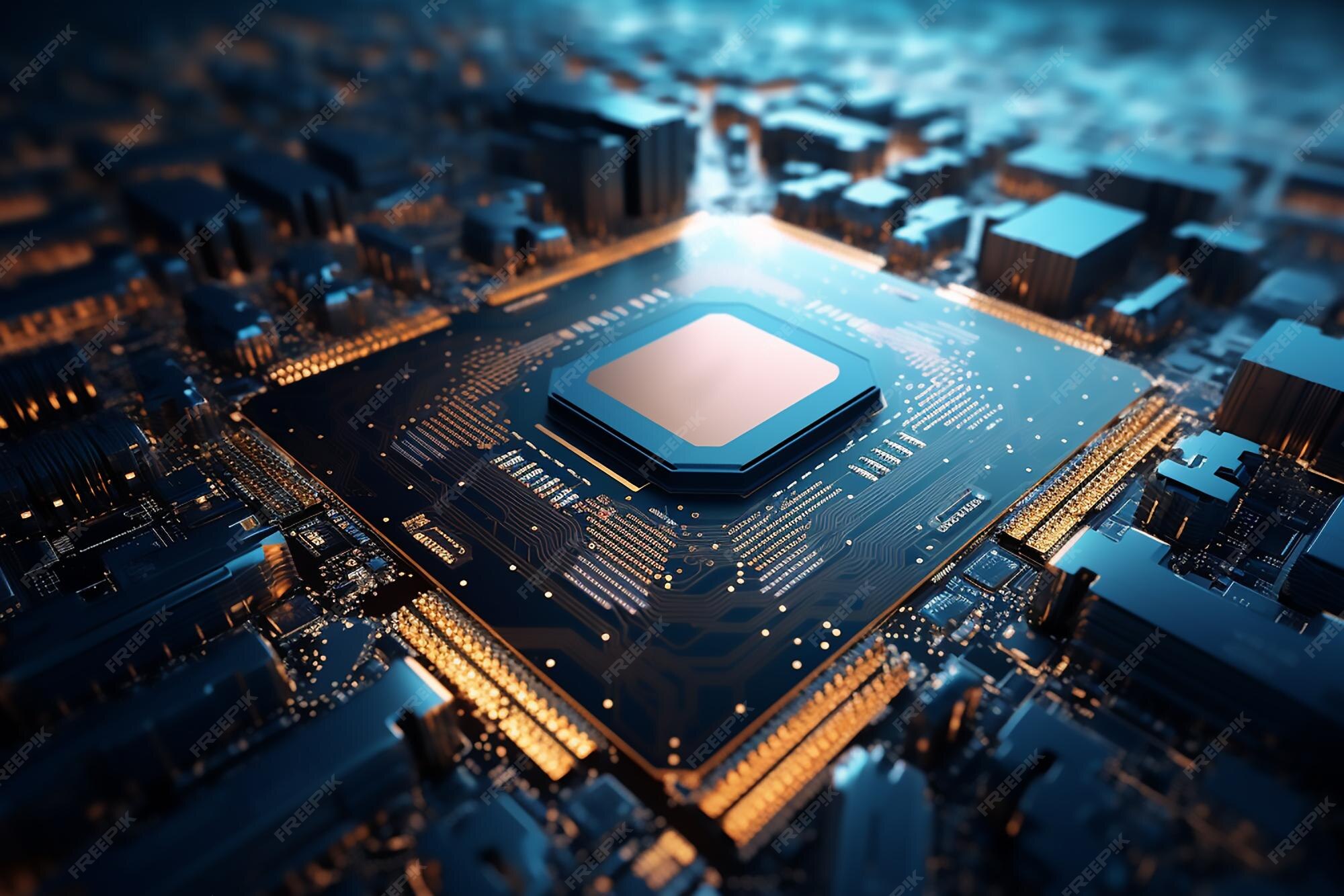 Premium Vector | 3d rendering printed circuit board with a processor microchips and binary code