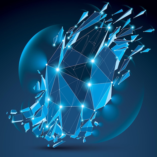 3d 벡터 맑은 파란색 디지털 와이어프레임 개체는 다른 입자 선 메쉬 및 조명 효과가 있는 기하학적 다각형 구조로 나뉩니다 낮은 폴리 부서진 글로우 모양 스파클 격자