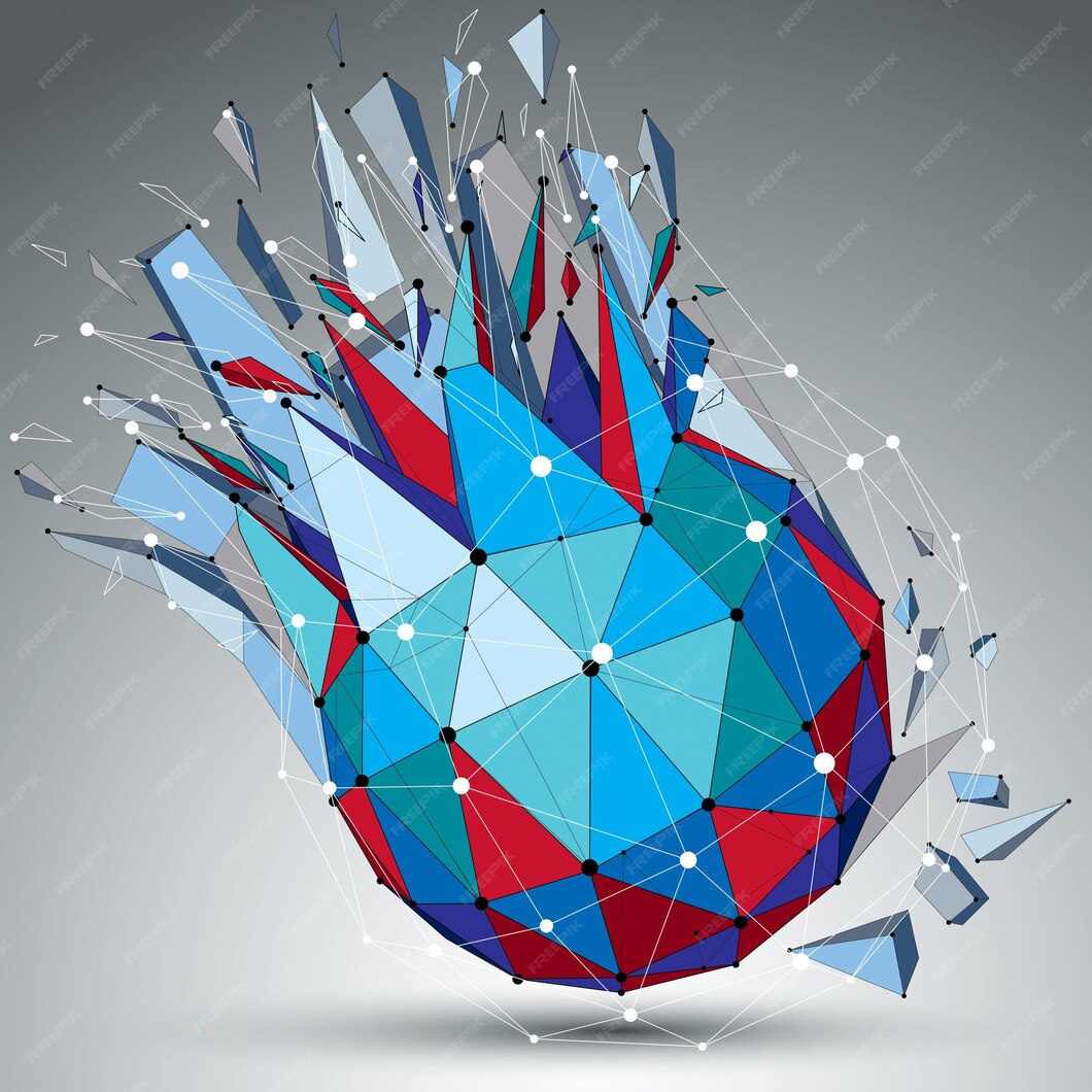 3d 벡터 디지털 와이어프레임 개체는 다양한 입자와 굴절로 나뉘며 검정색과 흰색 선 메쉬가 있는 다채로운 기하학적 다각형 구조입니다 낮은 폴리 부서진 모양 격자 형태