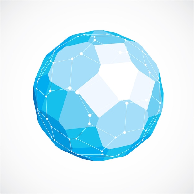 면을 사용하여 만든 3d 벡터 디지털 와이어프레임 구형 개체입니다 선 메쉬와 오각형으로 만든 기하학적 다각형 파란색 공 웹 디자인에 사용하기 위한 낮은 폴리 모양 격자