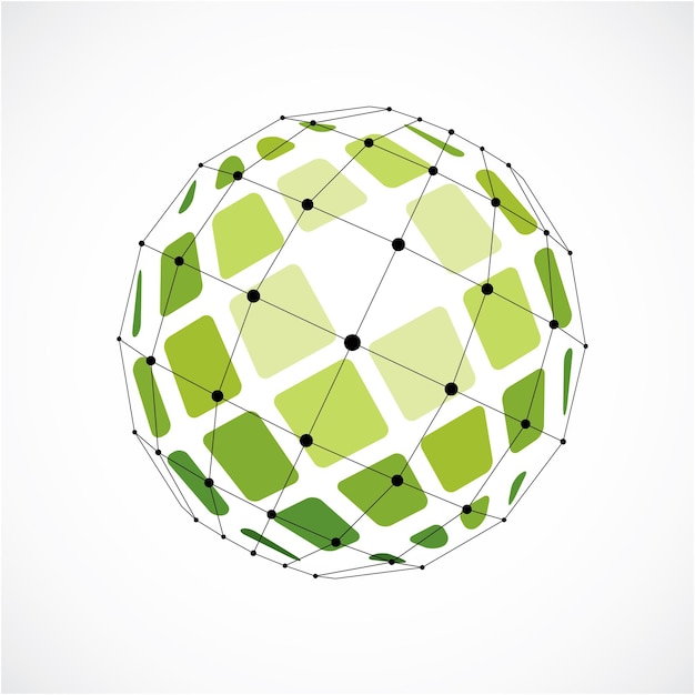 면을 사용하여 만든 3d 벡터 디지털 와이어프레임 구형 개체입니다 선 메쉬와 사각형으로 만든 기하학적 다각형 녹색 구조 웹