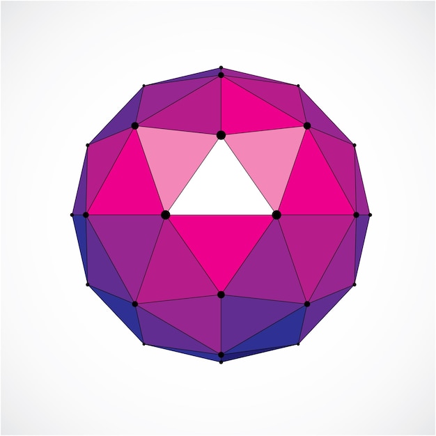 삼각형 면을 사용하여 만든 3d 벡터 디지털 와이어프레임 구형 개체입니다 라인 메쉬로 생성된 기하학적 다각형 구조 웹 디자인에 사용하기 위한 낮은 폴리 모양 자주색