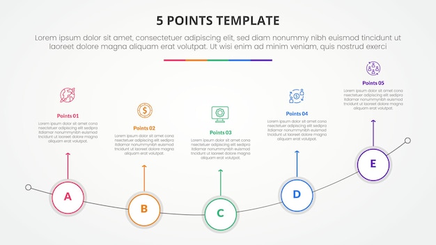 5 포인트 스테이지 템플릿 인포그래픽 슬라이드 프레젠테이션 컨셉 곡선에 윤 원과 평평한 스타일의 5 포인트 목록 프리미엄 벡터