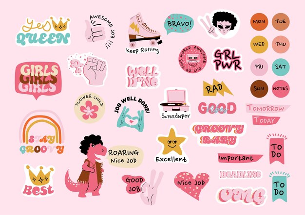 Premium Vector | 70s retro positivity girly sticker set Premium Vector | 70s retro positivity girly sticker set