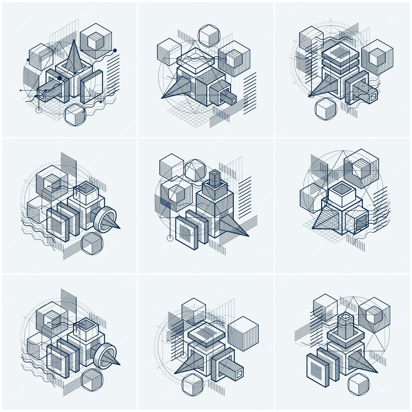 Premium Vector | Abstract designs with 3d linear mesh shapes and figures, vector isometric ...