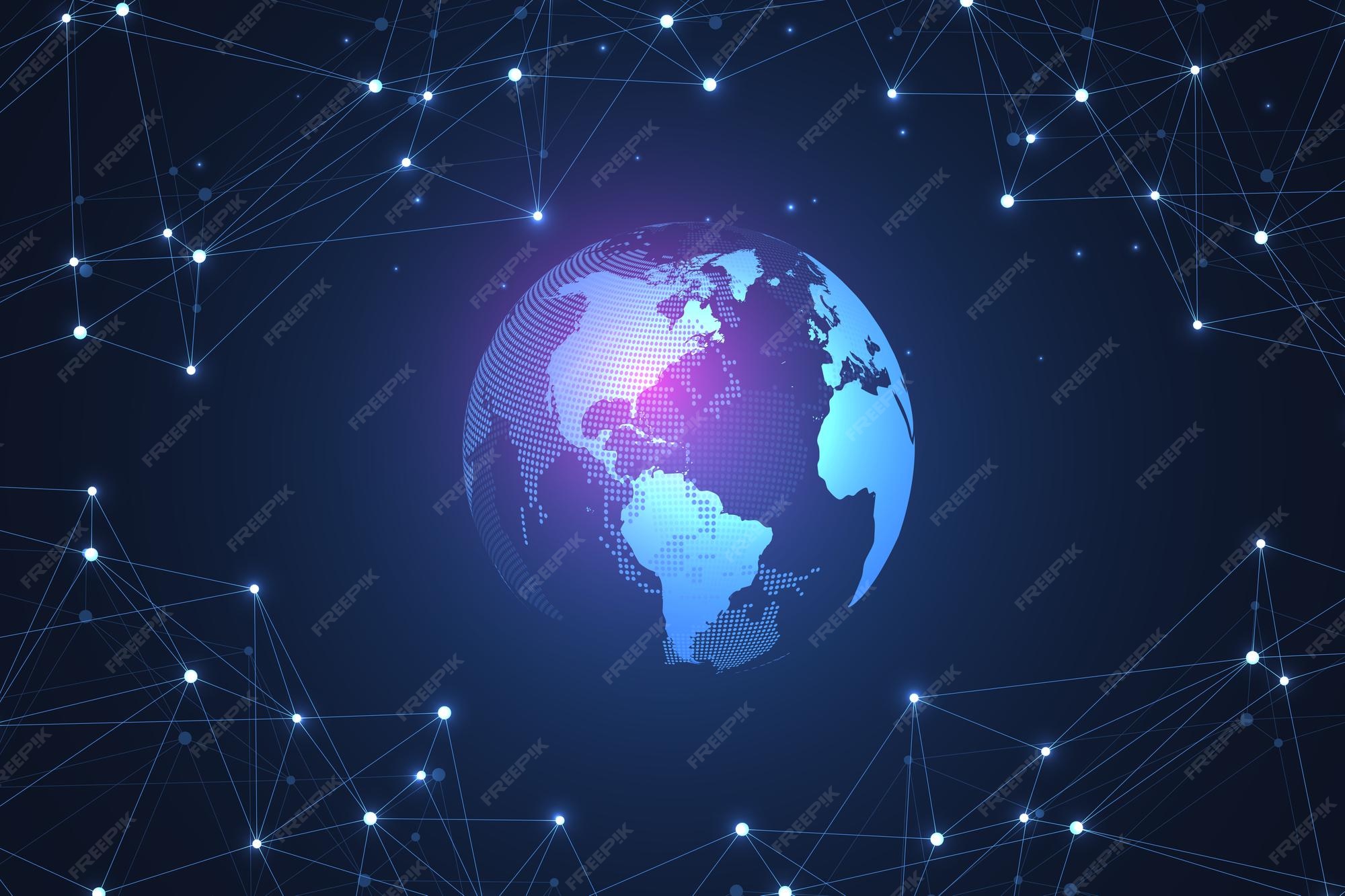 파란색 배경에 추상 디지털 네트워크 연결 구조입니다 인공 지능 및 엔지니어링 기술 개념입니다 글로벌 네트워크 빅 데이터