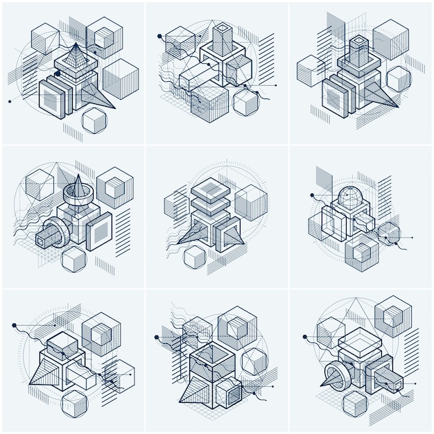 추상 아이소메트릭 배경 3d 벡터 레이아웃입니다 큐브 육각형 정사각형 직사각형 및 다른 추상 요소의 구성 벡터 컬렉션입니다 프리미엄 벡터