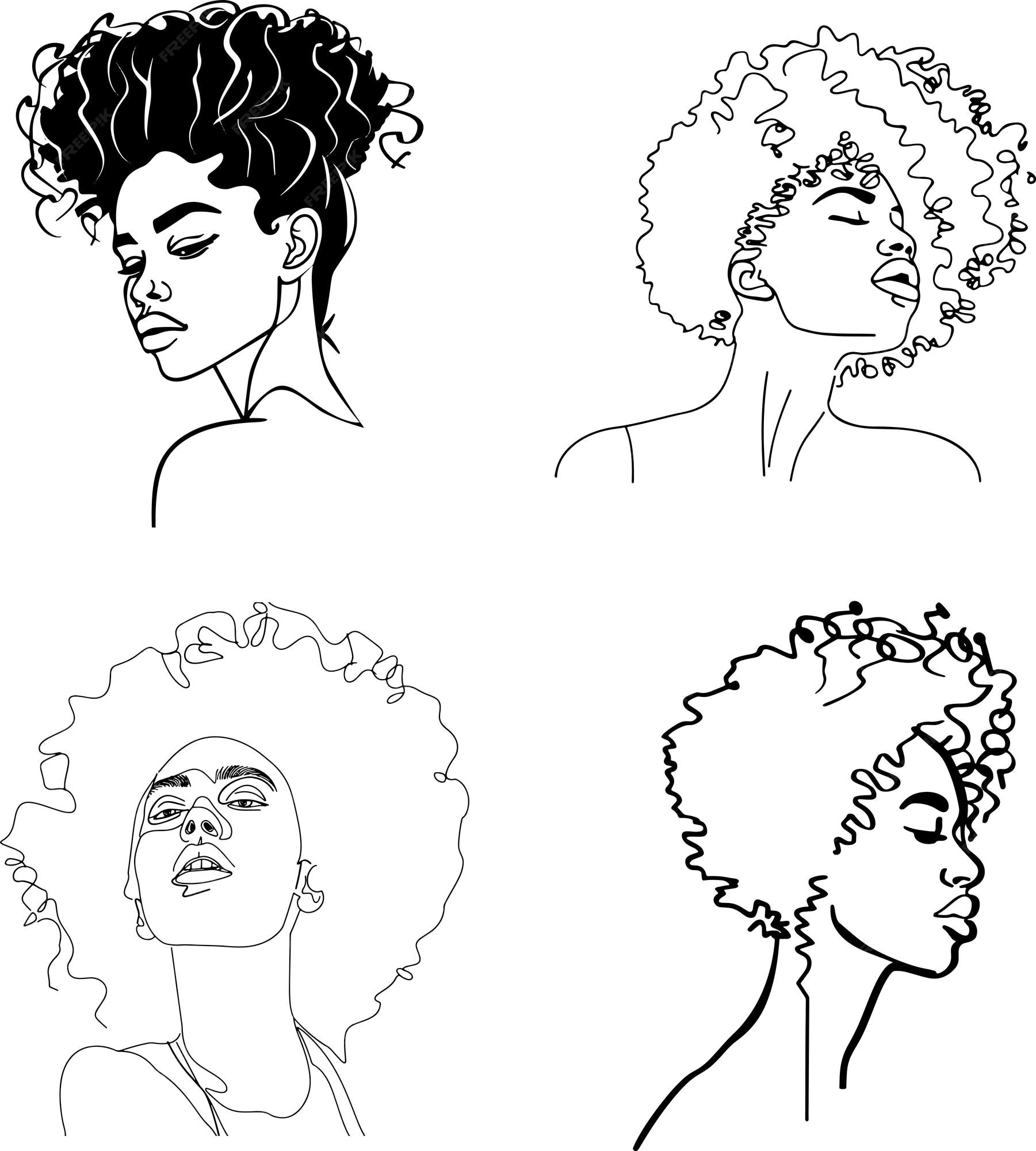 Afro Girl Line Art Silhouette Black And White Vector Illustration Set
