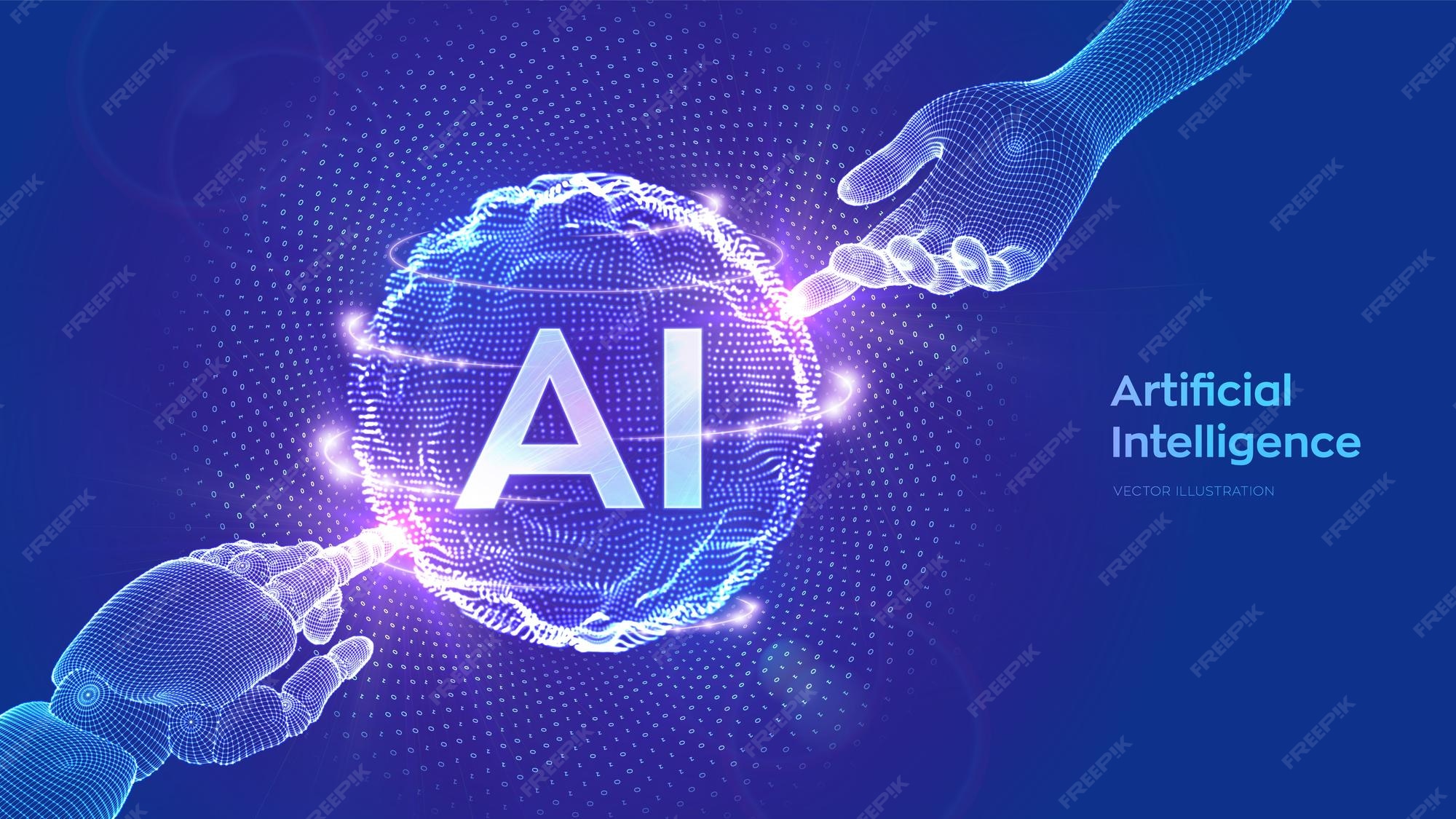 Ai 인공 지능 로봇의 손과 이진 코드 인공 지능 및 기계 학습 기술 개념 신경망 벡터 일러스트와 함께 구 그리드 웨이브를