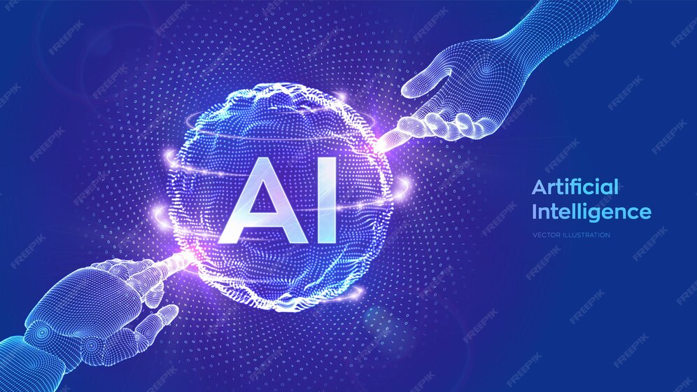 Ai 人工知能バイナリ コードを使用したロボットと人間の接触球グリッド波の手人工知能と機械学習技術の概念ニューラル ネットワーク ベクトル図