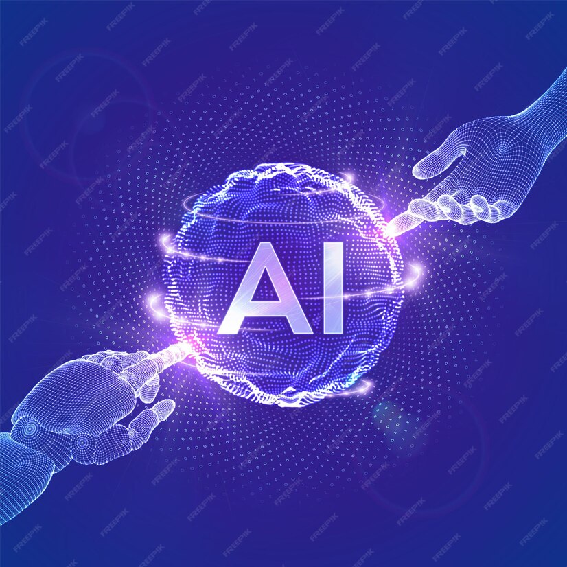 Ai 인공 지능 로봇의 손과 이진 코드 인공 지능 및 기계 학습 기술 개념 신경망 벡터 일러스트와 함께 구 그리드 웨이브를
