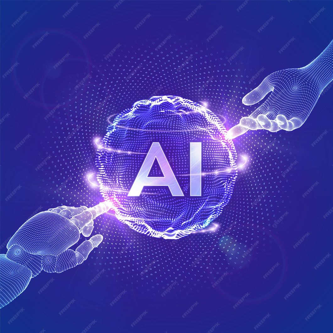 Premium Vector | AI Artificial Intelligence Hands of Robot and Human touching sphere grid wave ...