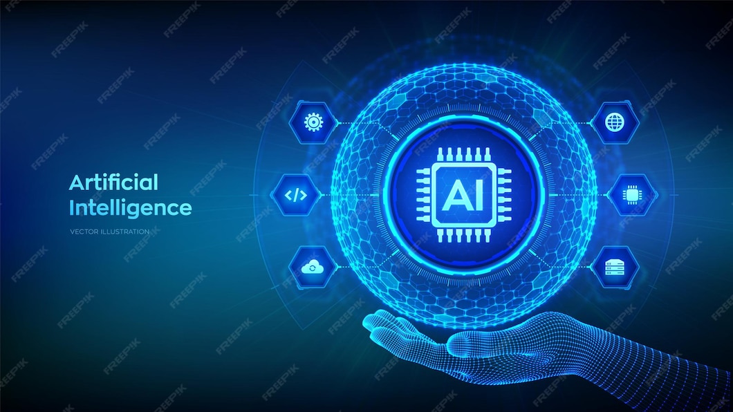 와이어프레임 핸드 기계 학습 개념 빅 데이터 신경망 Ai 및 가상 기술 벡터 그림에서 육각형 그리드 패턴이 있는 구 모양의 Ai