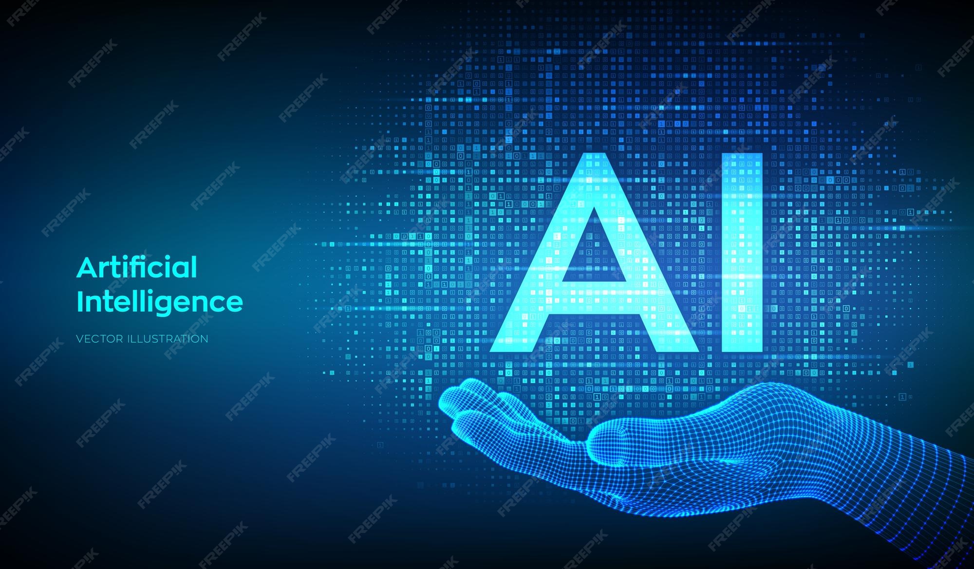 와이어프레임 핸드에서 이진 코드로 만든 Ai 인공 지능 문자 Ai 이진 데이터 및 스트리밍 디지털 코드 배경 숫자 10 벡터 그림이 있는 매트릭스 배경 프리미엄 벡터