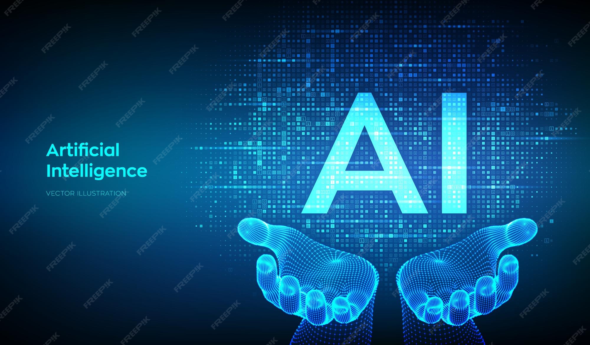 Premium Vector | Ai artificial intelligence letters ai made with binary code in wireframe hands ...