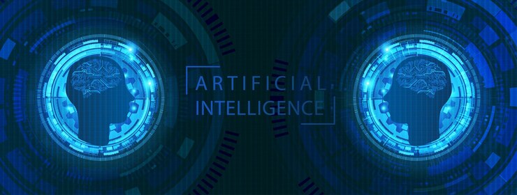 회로 기판 및 원 Techvector 그림이 있는 파란색 배경 위에 이진 코딩 처리의 Ai 로봇 배너 템플릿 프리미엄 벡터 4526
