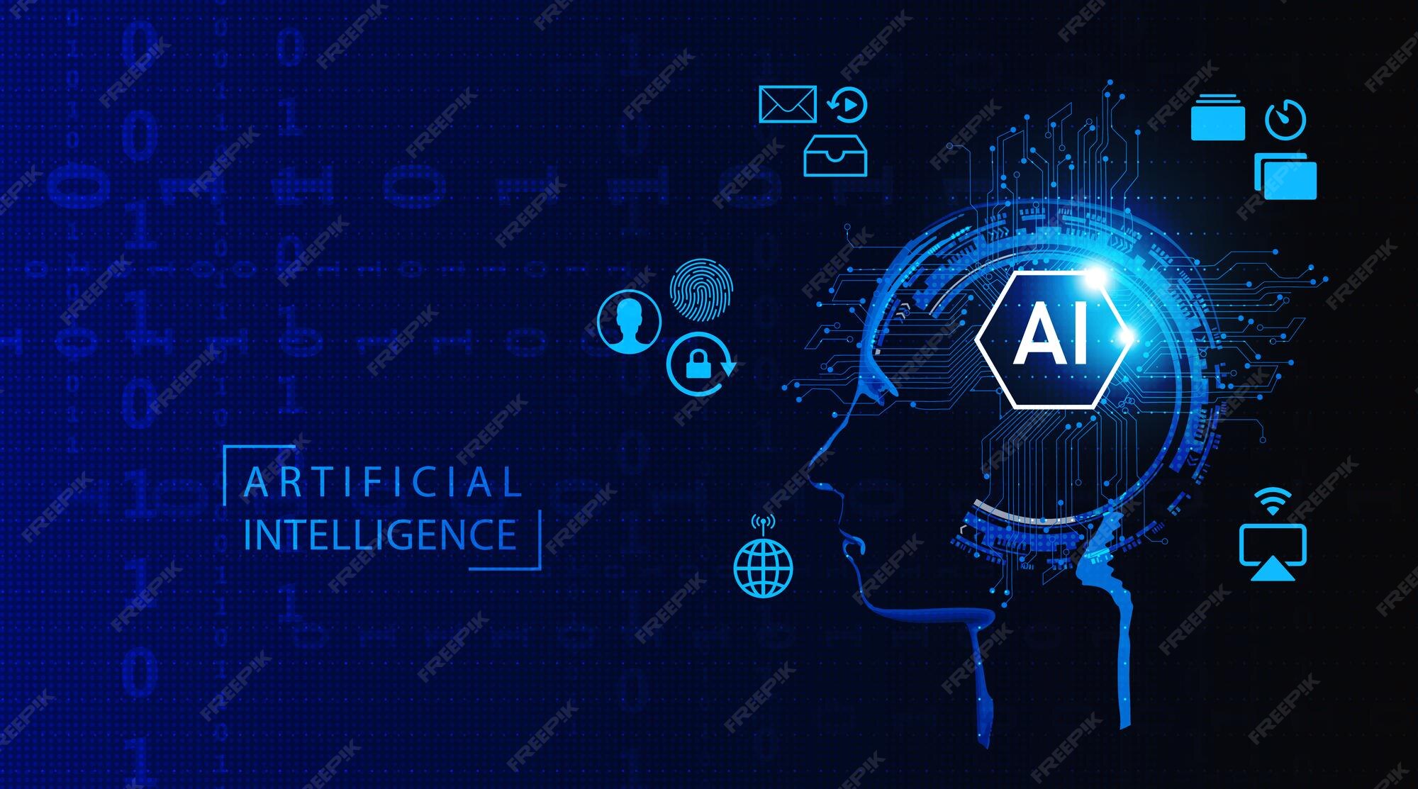 회로 보드 및 원 Techvector 일러스트레이션을 사용하여 파란색 배경 위에 이진 코딩 처리의 Ai 로봇 프리미엄 벡터