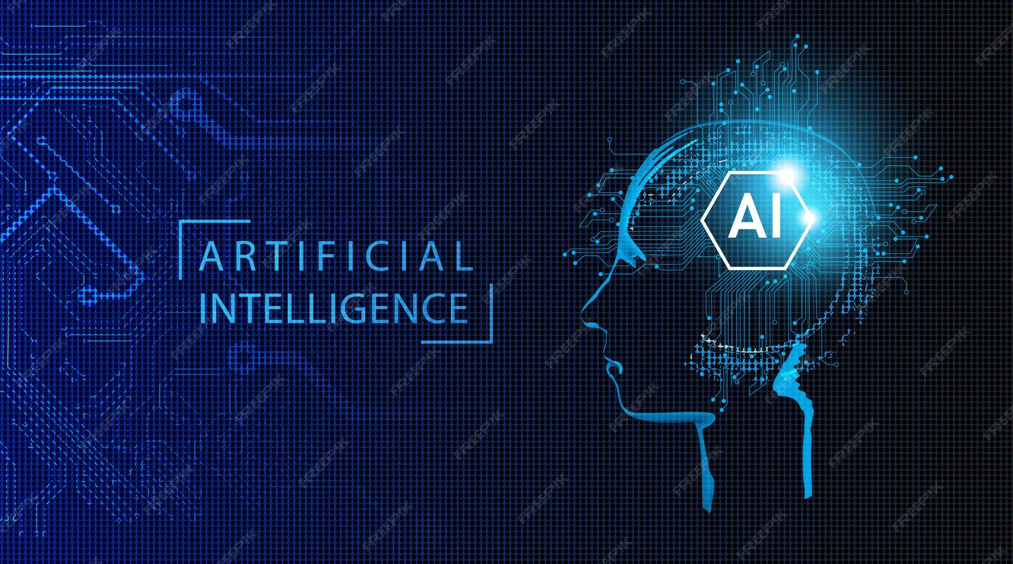회로 보드 및 원 Techvector 일러스트레이션을 사용하여 파란색 배경 위에 이진 코딩 처리의 Ai 로봇 프리미엄 벡터