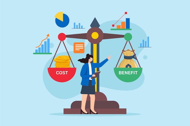 Premium Vector | Analysts weighing cost and benefit on balance scale ... Premium Vector | Analysts weighing cost and benefit on balance scale ...