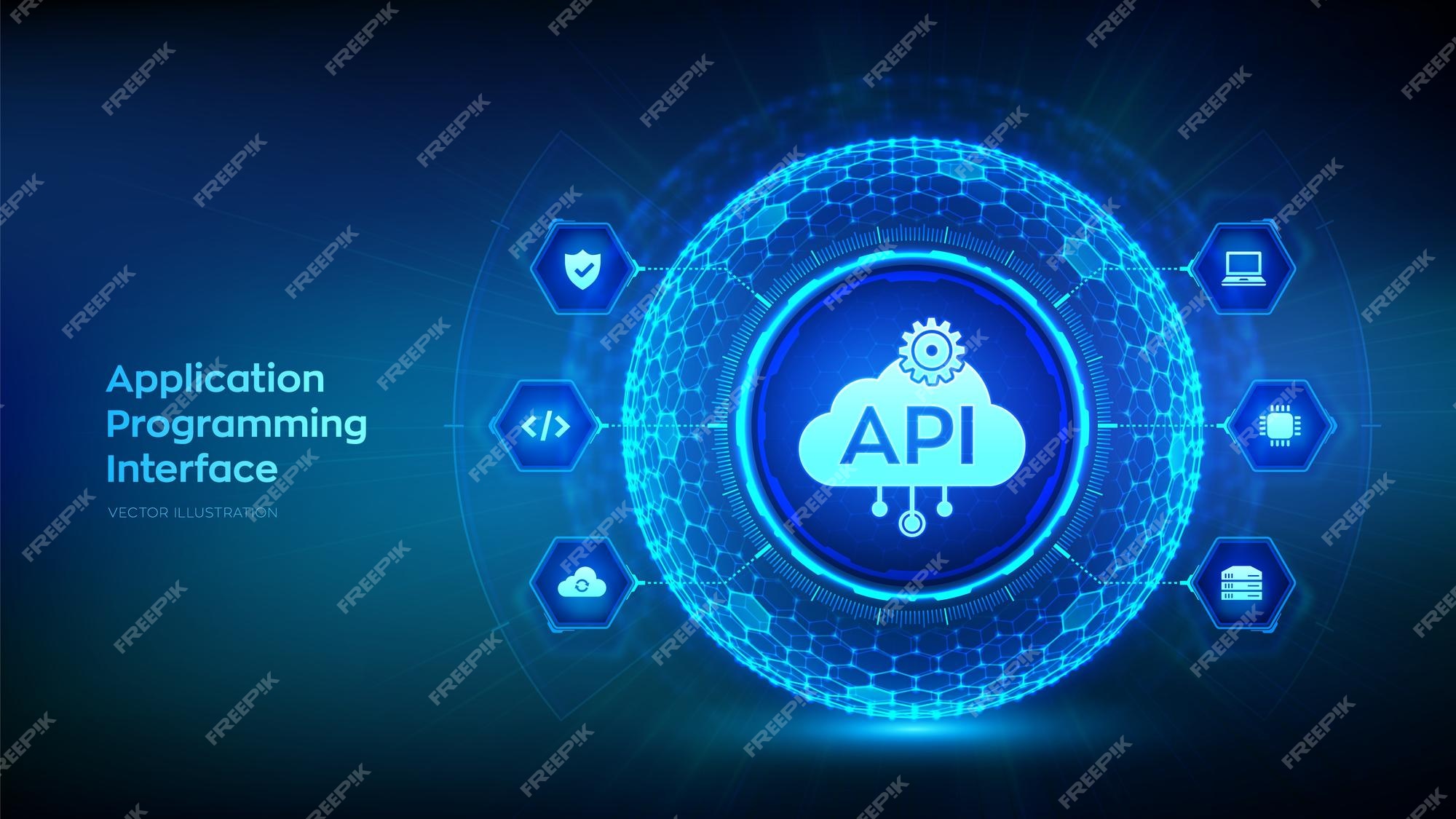 육각형 그리드 패턴이 있는 구 모양의 Api 애플리케이션 프로그래밍 인터페이스 소프트웨어 개발 도구 클라우드 컴퓨팅 정보 기술 및 비즈니스 개념 벡터 그림 프리미엄 벡터