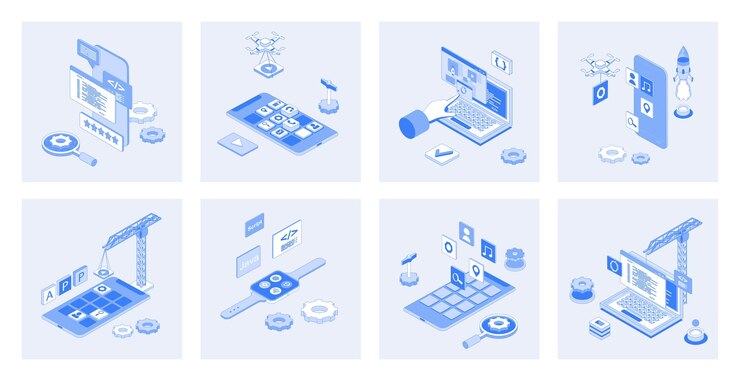Premium Vector App Development 3d Isometric Concept Set With Isometry Icons Design For Web