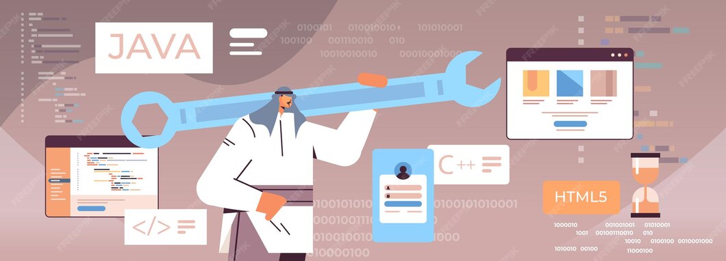 Premium Vector | Arab man programmer holding wrench developer optimizes ...