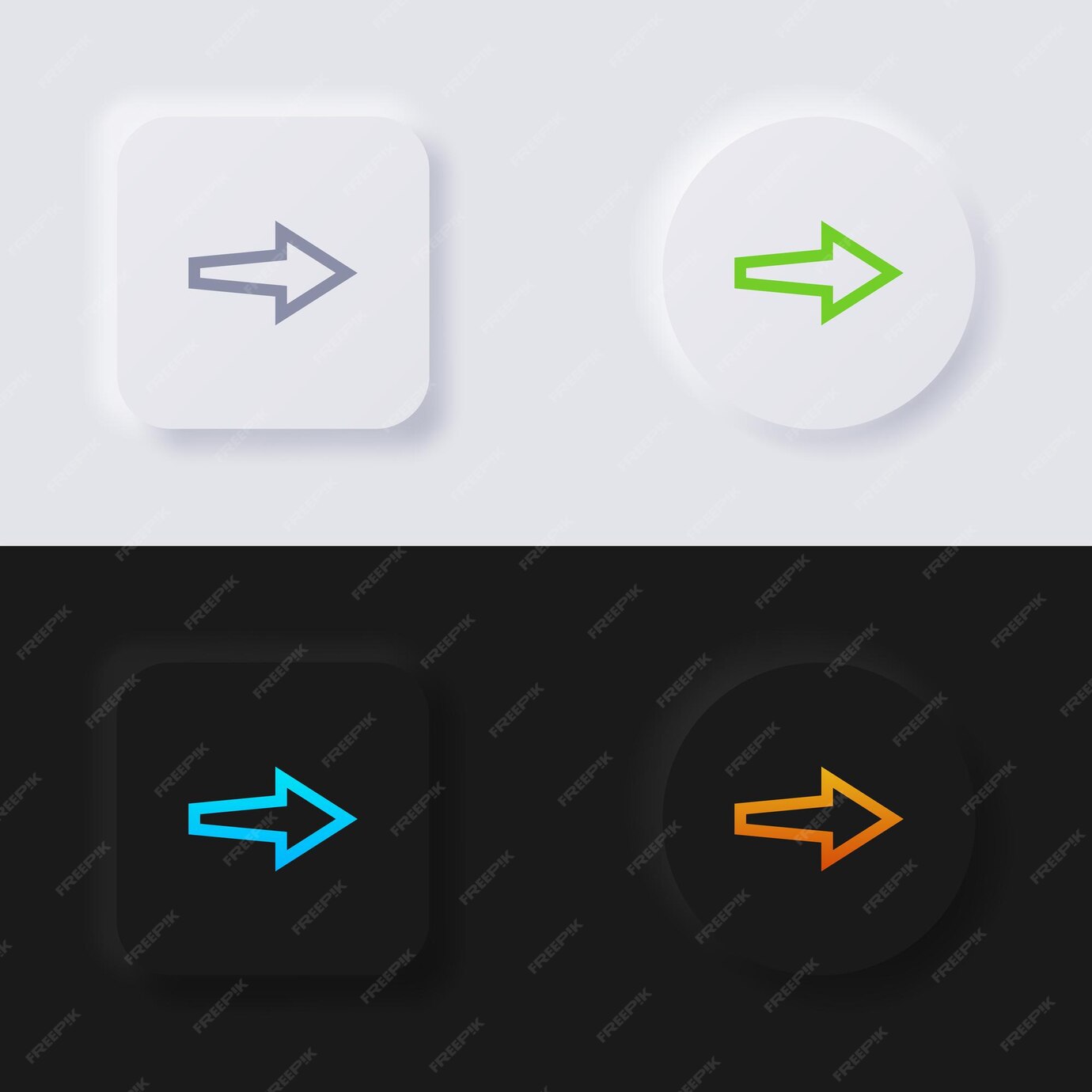 화살표 아이콘은 웹 디자인 응용 프로그램 Ui 등을 위한 다중 색상 뉴모피즘 버튼 소프트 Ui 디자인을 설정합니다 프리미엄 벡터
