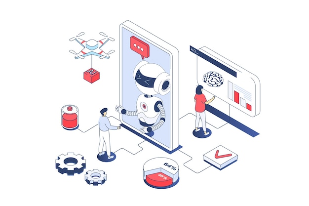 3d 아이소메트릭 디자인의 인공 지능 개념 Ai 로봇 기계 학습 및 프로그래밍 디지털 뇌를 사용하는 엔지니어 웹 그래픽을 위한 아이소메트리 사용자 장면이 포함된 벡터 그림