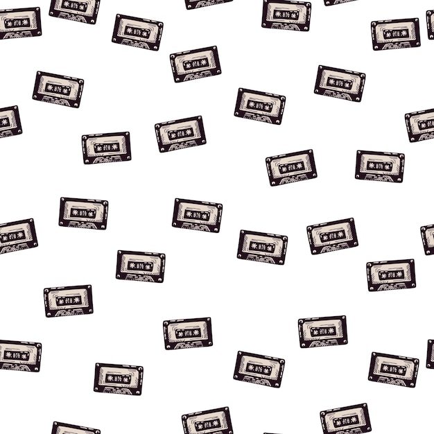 Premium Vector Audio Cassette Tape Engraved Seamless Pattern Vintage Music Cassette Tape In