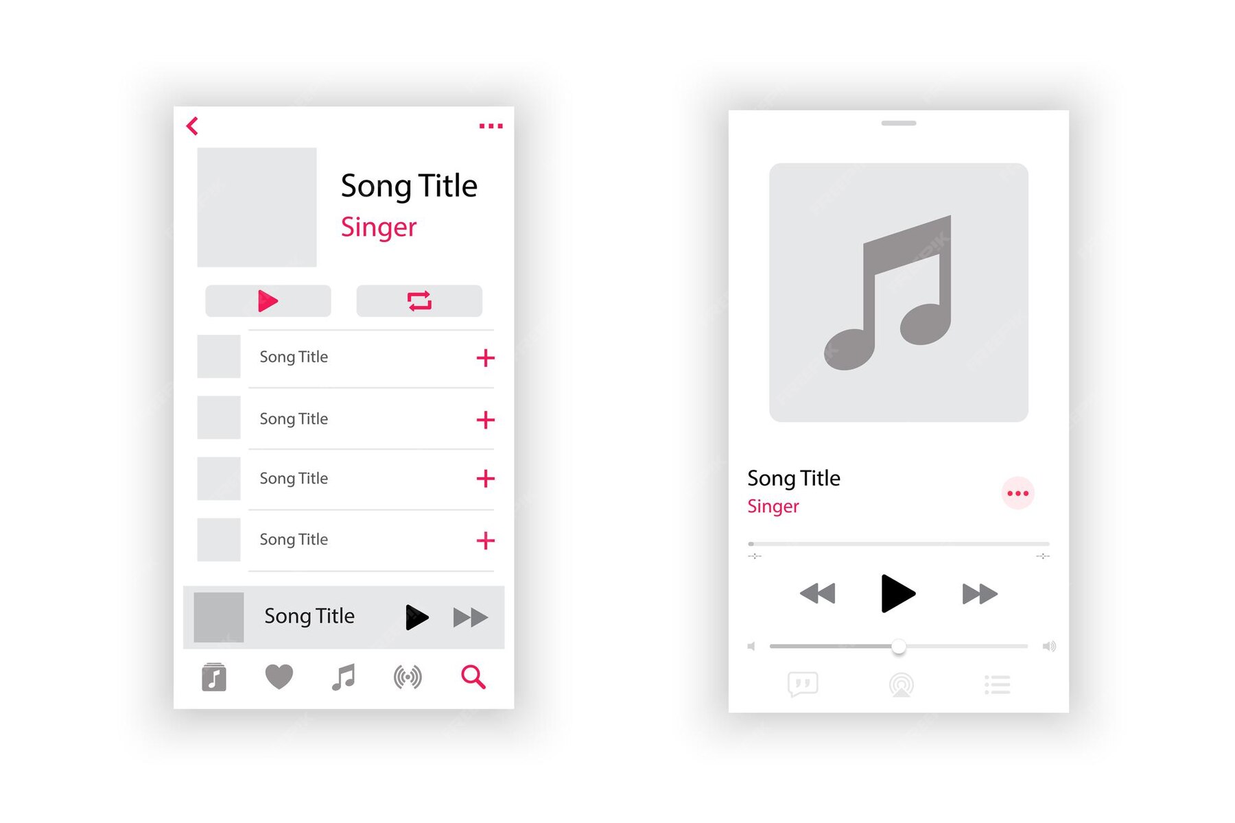 오디오 플레이어 인터페이스 음악 플레이어 앱 인터페이스 소셜 미디어 화면 템플릿 모바일 오디오 플레이어 Ui 인터페이스 프로필 앨범 노래 재생 목록 모형 앱 인터페이스