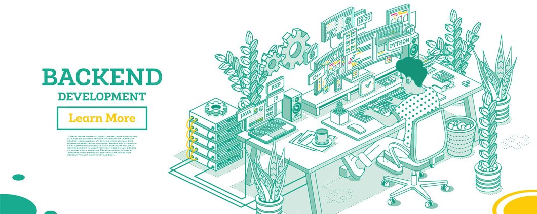 Premium Vector Backend Development On Computer Working Programmer Sit On Chair With Wheels In